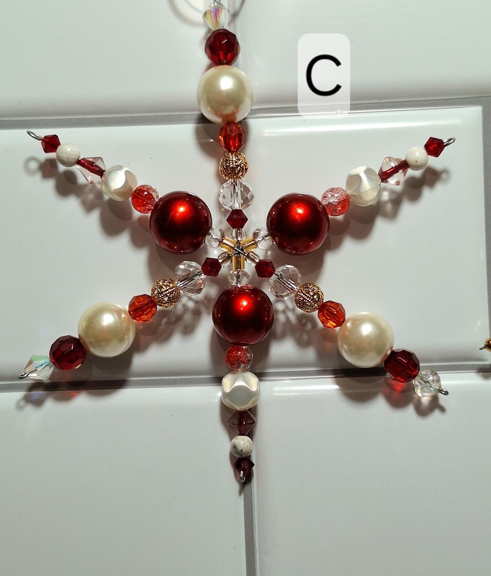 Red and Green Snowflake Ornaments, One of a Kind, Handcrafted. Silver ...