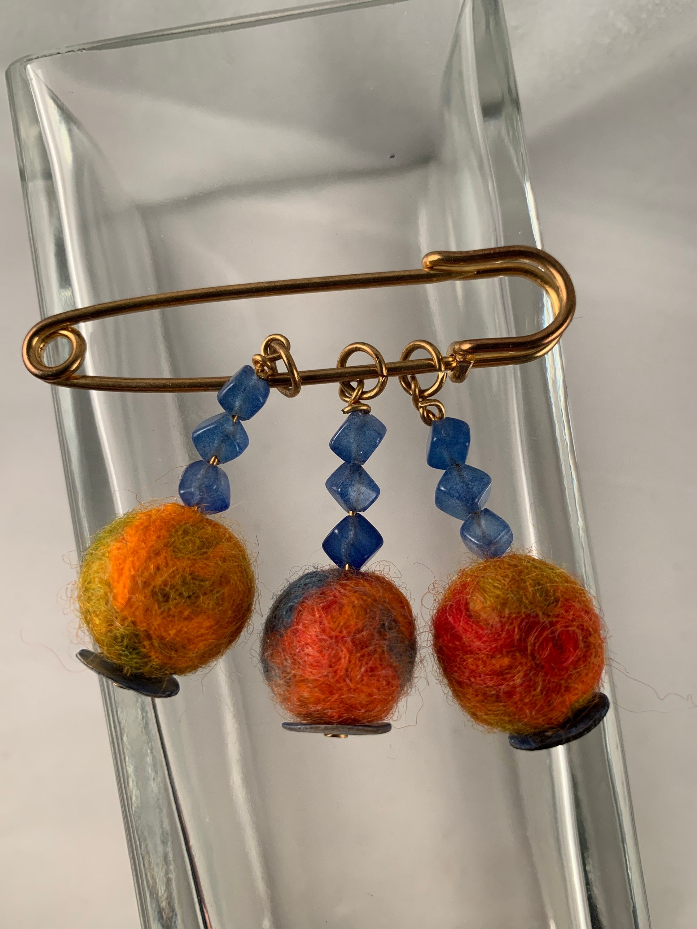 Blue and Orange Felted Wool Bead Brooch on Gold-Tone Kilt Pin | Etsy