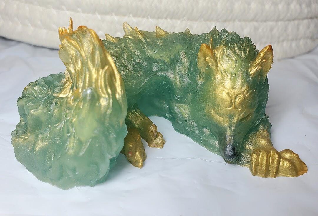 Wolf Figurine | Resin Decoration | Green | Gold - Etsy