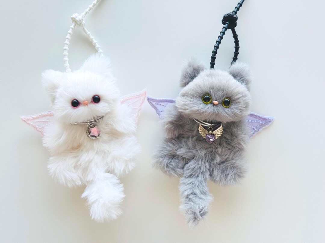 Furry Cat Charm: Handmade Fuzzy Butterfly Winged Kitten Bag Charm ...