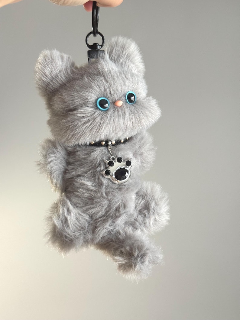 Handmade Furry Gray Cat Keychain: Plush Smoky Charm Kitty - Etsy