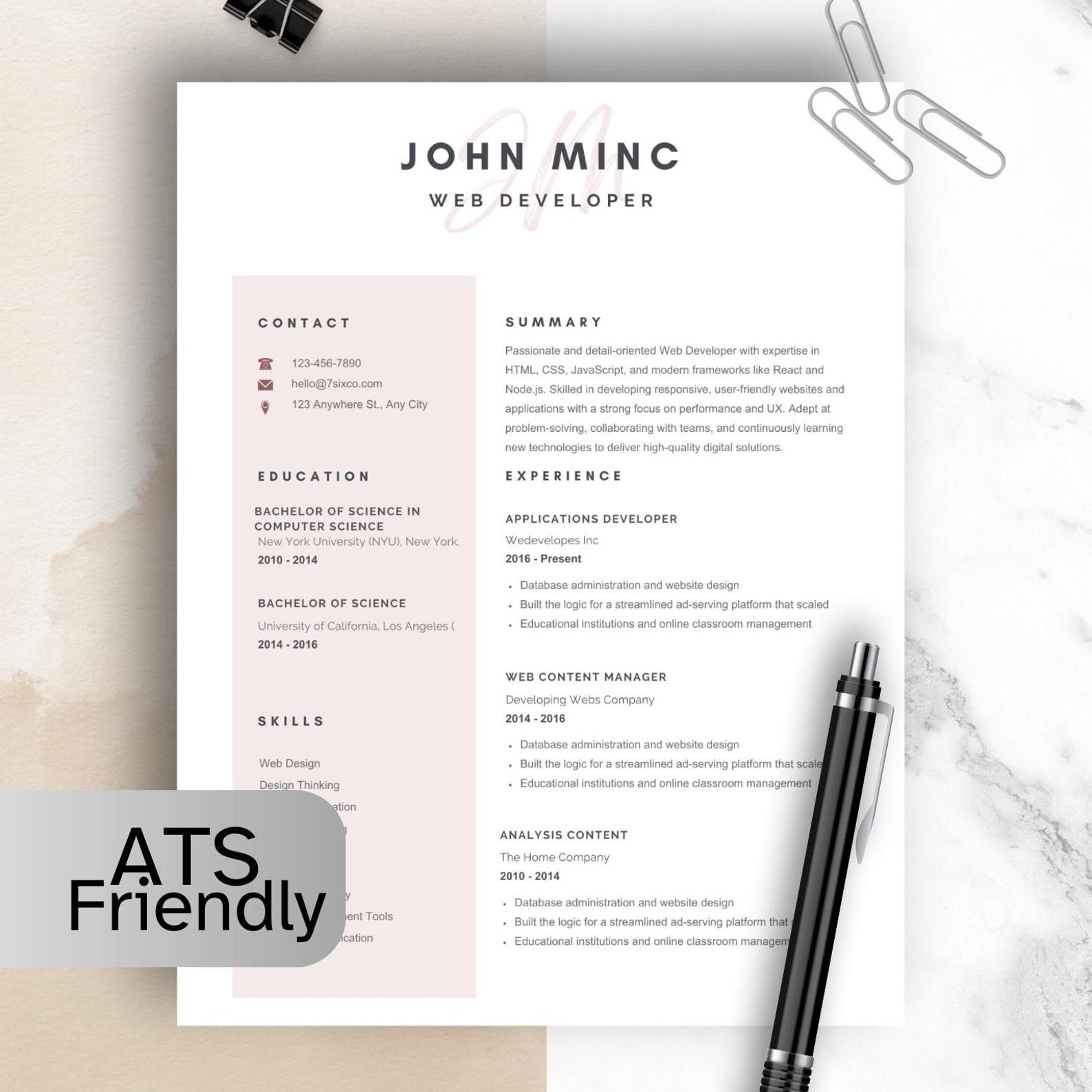 ATS Friendly Resume Template Word, Pages, Google Docs, ATS Resume, ATS ...