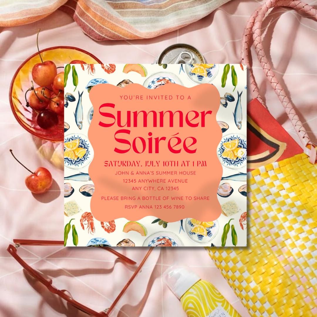 Summer Soirée Invitation - 5.25"x5.25", Editable Template, Canva Invite ...