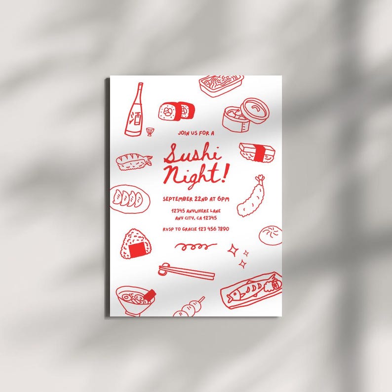 Sushi Night Invitation - 5"x7", Editable Template, Canva Invite, Red ...