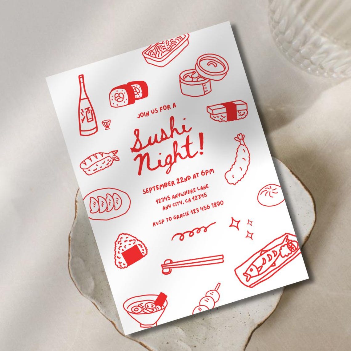 Sushi Night Invitation - 5"x7", Editable Template, Canva Invite, Red ...
