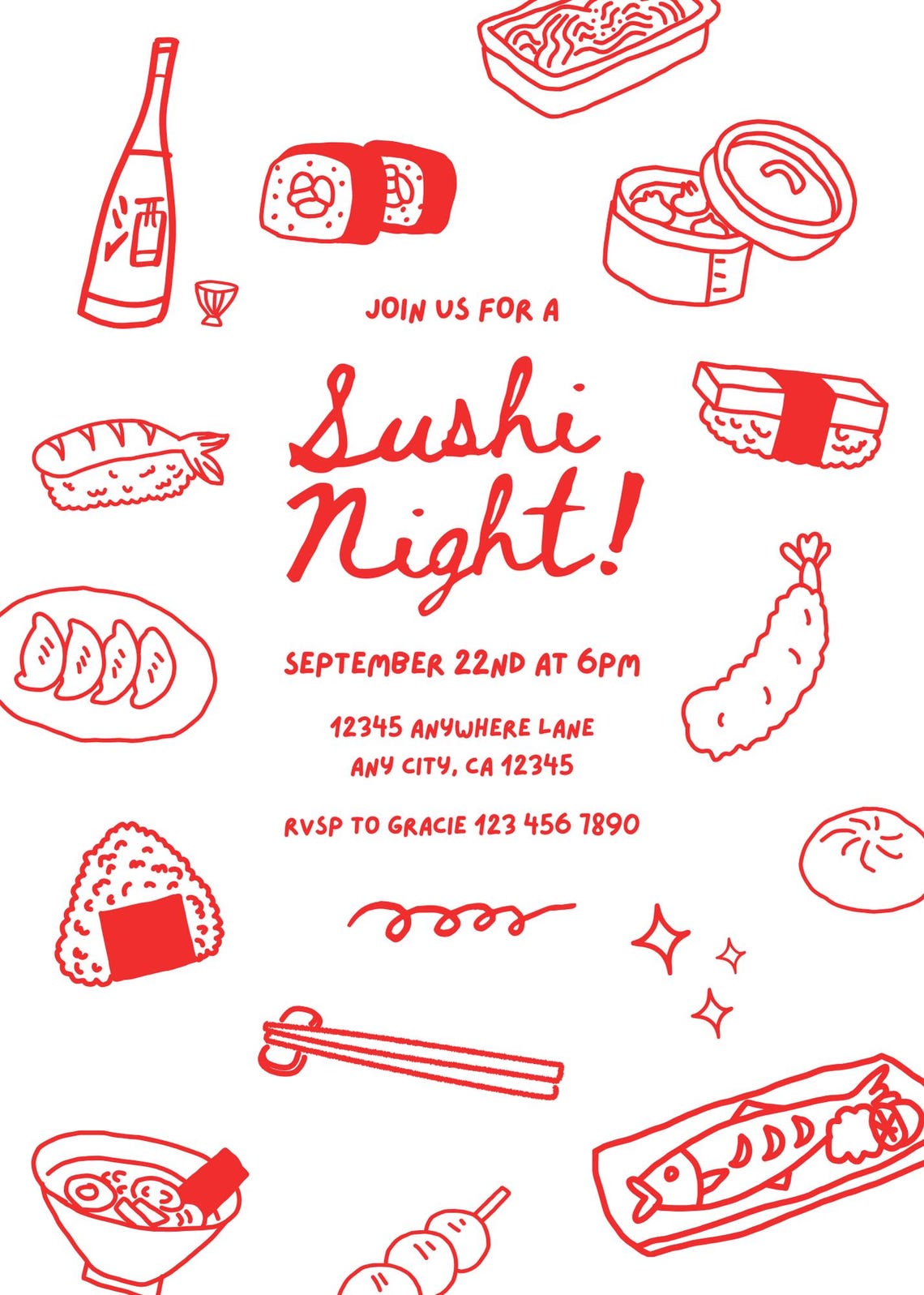 Sushi Night Invitation - 5"x7", Editable Template, Canva Invite, Red ...