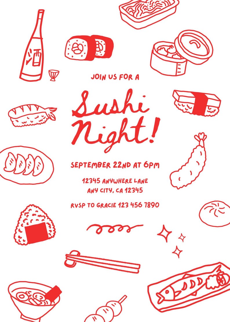 Sushi Night Invitation - 5"x7", Editable Template, Canva Invite, Red ...