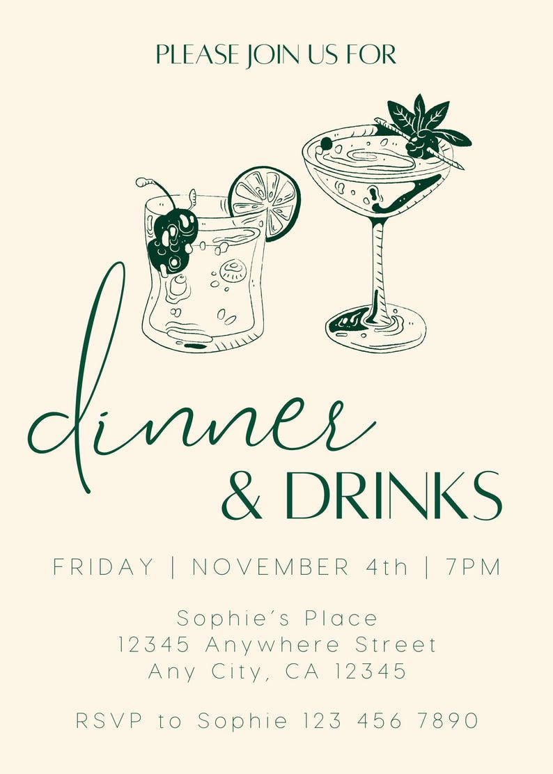 Dinner & Drinks Invitation - 5"x7", Editable Template, Canva Invite ...