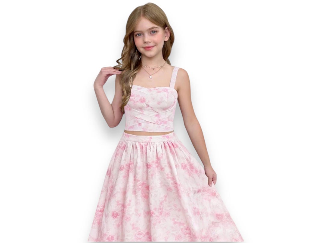 Tween Girl Elegant 2 Piece Outfit | Pink Floral Cami Top High-waisted ...