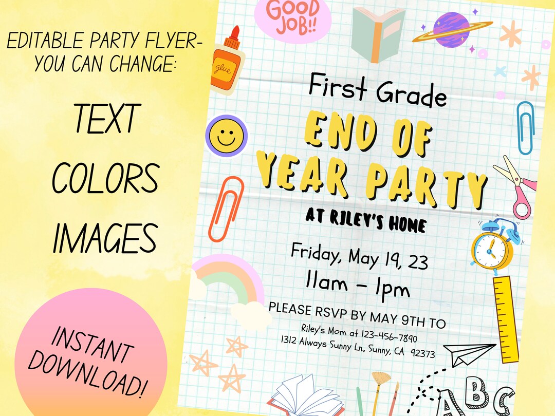 End of School Party Invite Schools Out Editable End of School Class ...