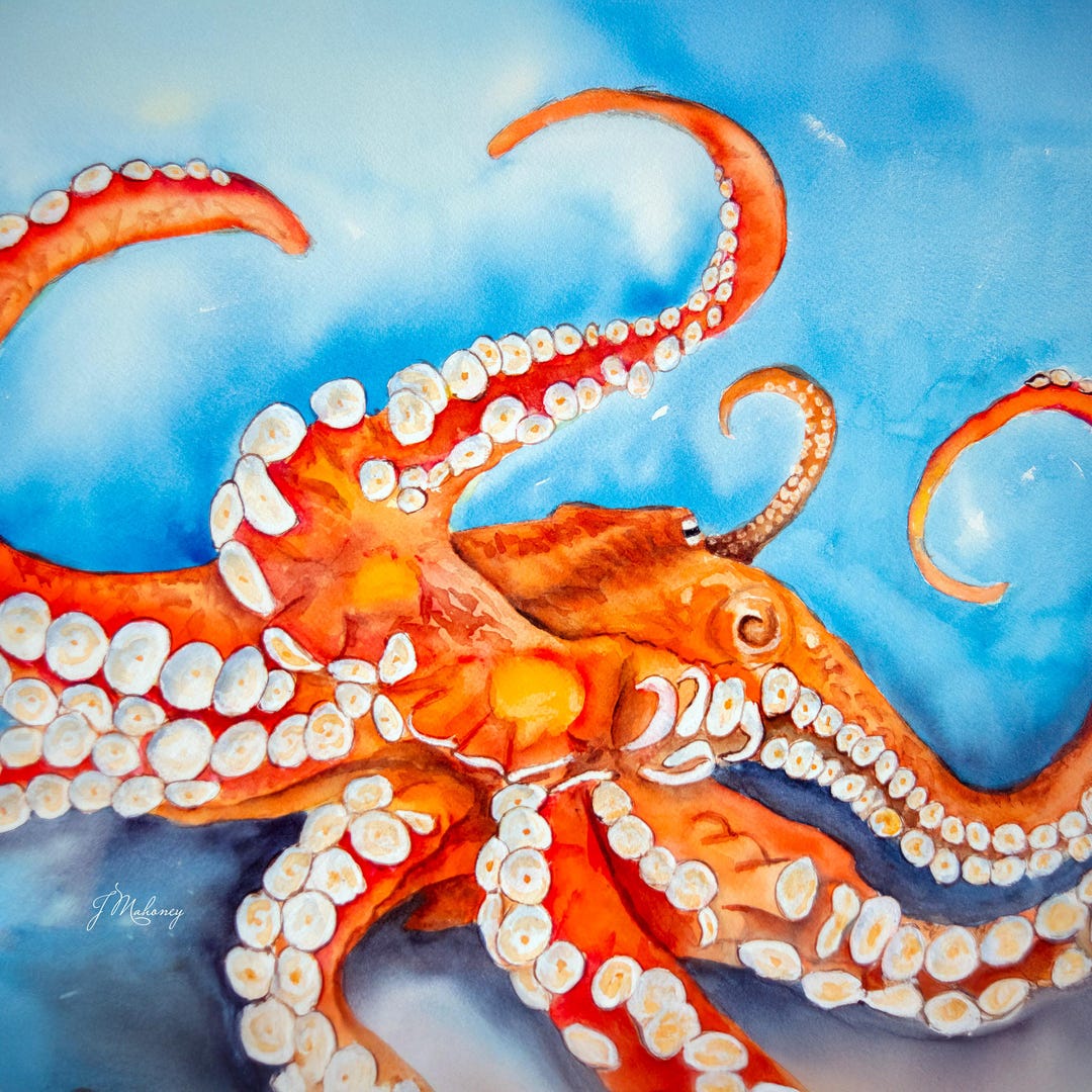 Octavious the Giant Pacific Octopus Watercolor Art Print - Beautiful ...