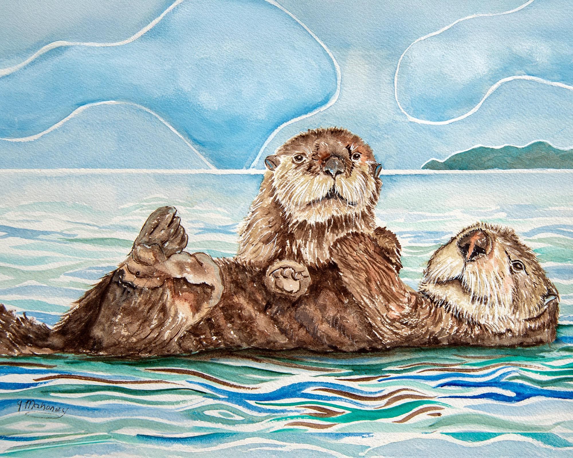 Mama and Baby Sea Otter, Watercolor Art Print - Beautiful Hand Painted ...