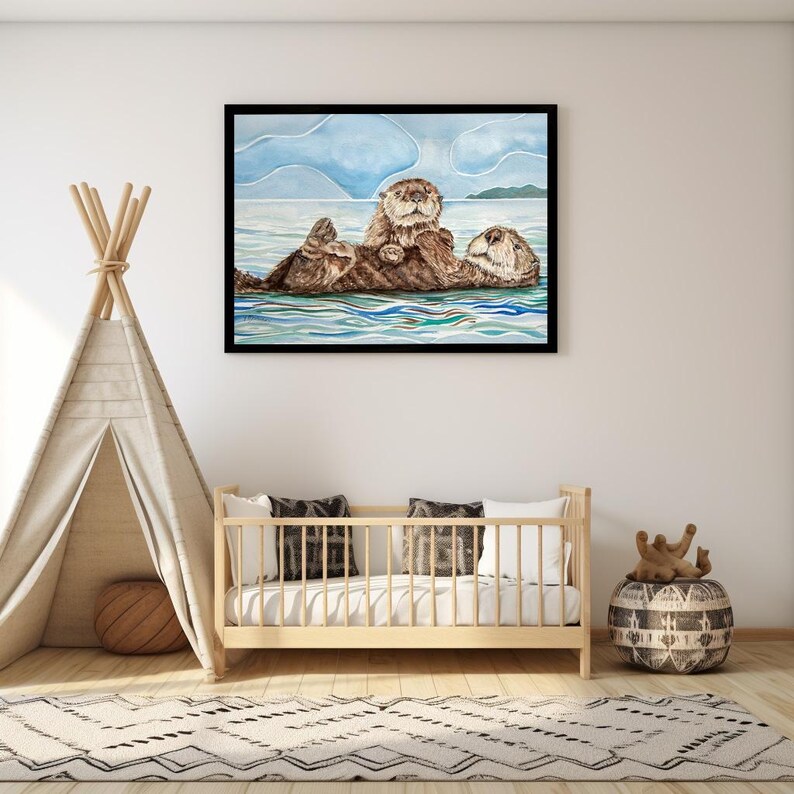 Mama and Baby Sea Otter, Watercolor Art Print - Beautiful Hand Painted ...