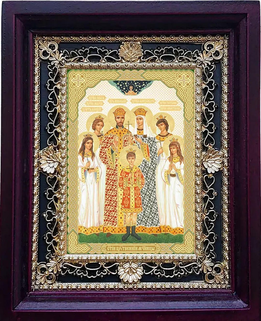 Icon on Stand Wooden Frame Romanov Royal Family Under Glass Decoration ...