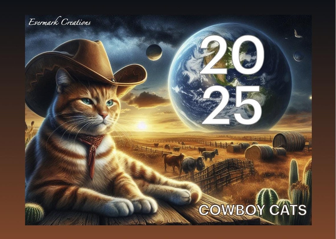 2025 Cowboy Cats 5x7 Printable Calendar | Fun, Cute, & Quirky Desk or ...