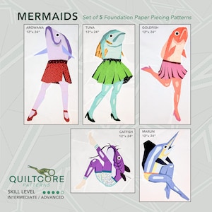 Reverse Mermaids | Set of 5 FPP Quilt Block Patterns | Instant PDF ...