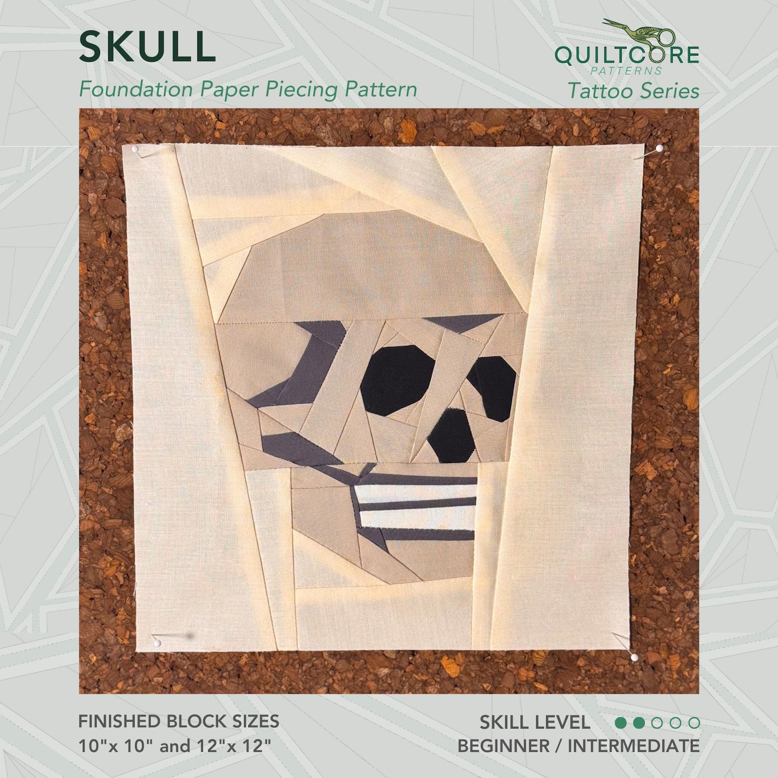 Skull Tattoo Quilt Block Pattern | FPP, Traditional Tattoo Series (PDF ...