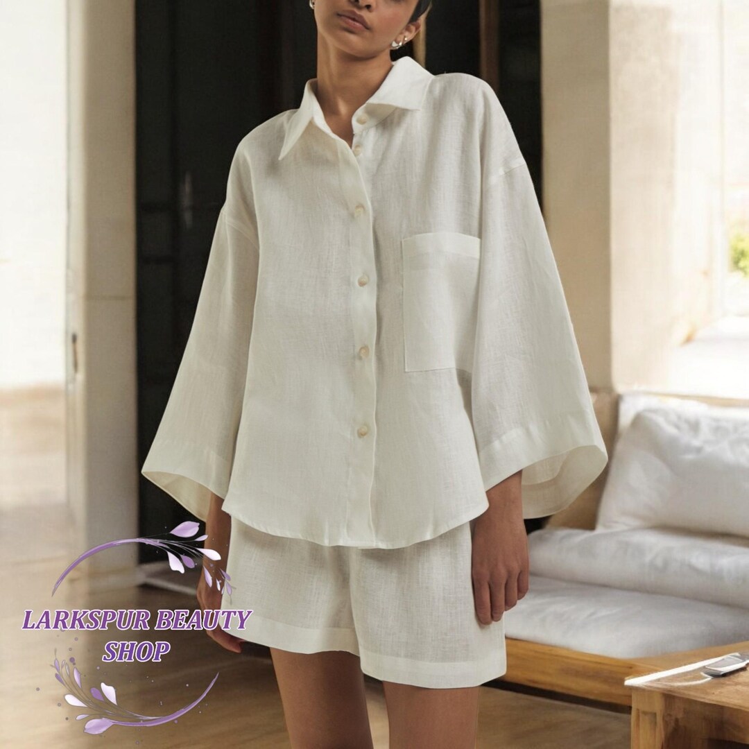 Women Pajama Set, Linen Shirts and Shorts Set, Linen Short Sleeves Top ...