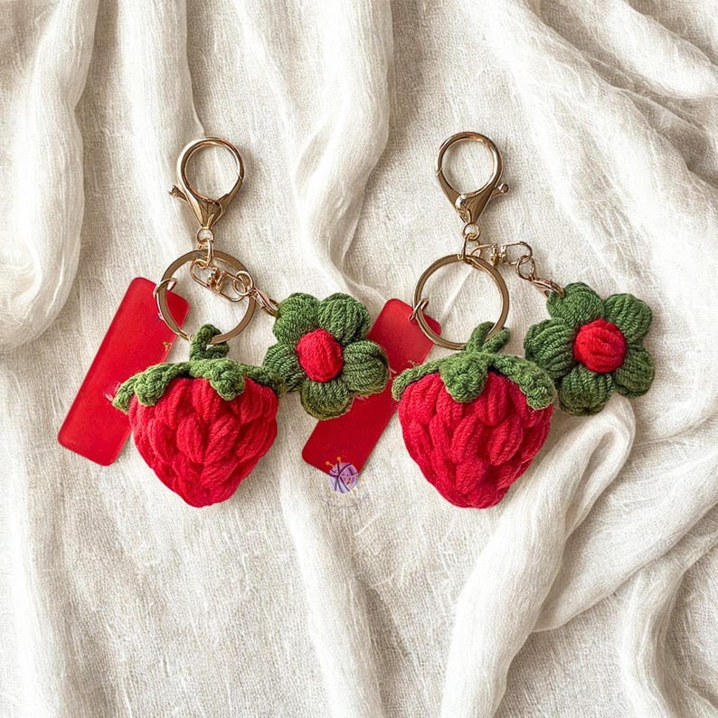 Strawberry Keychain Crochet, Amigurumi Key, Cool Berry and Flower Charm ...