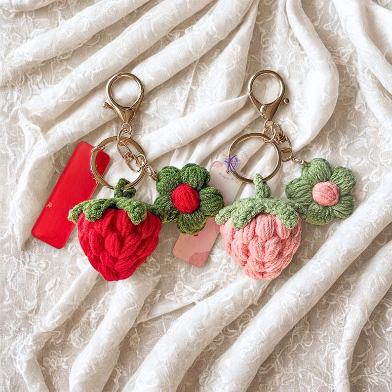 Strawberry Keychain Crochet, Amigurumi Key, Cool Berry and Flower Charm ...