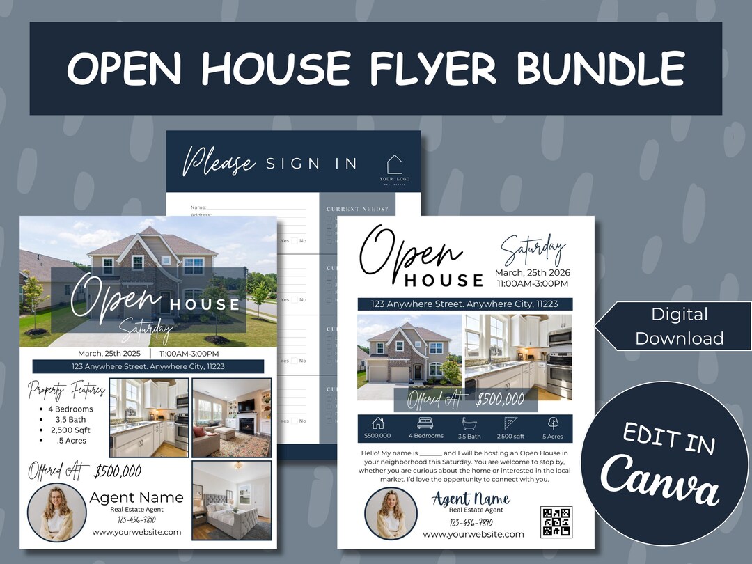 Real Estate Open House Bundle, Flyers & Sign in Sheet | Editable in ...