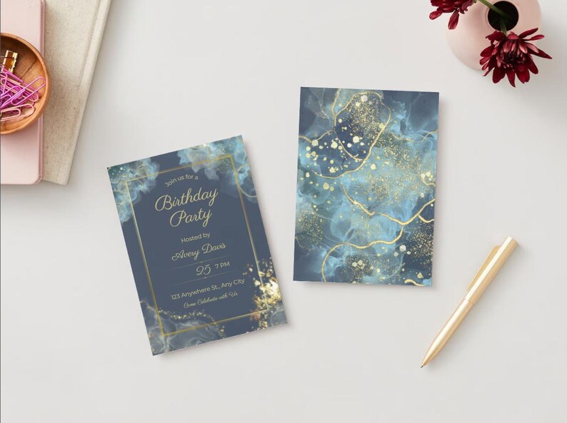 Golden Flowy, Watery Marble, Blue Birthday Invitation Template ...