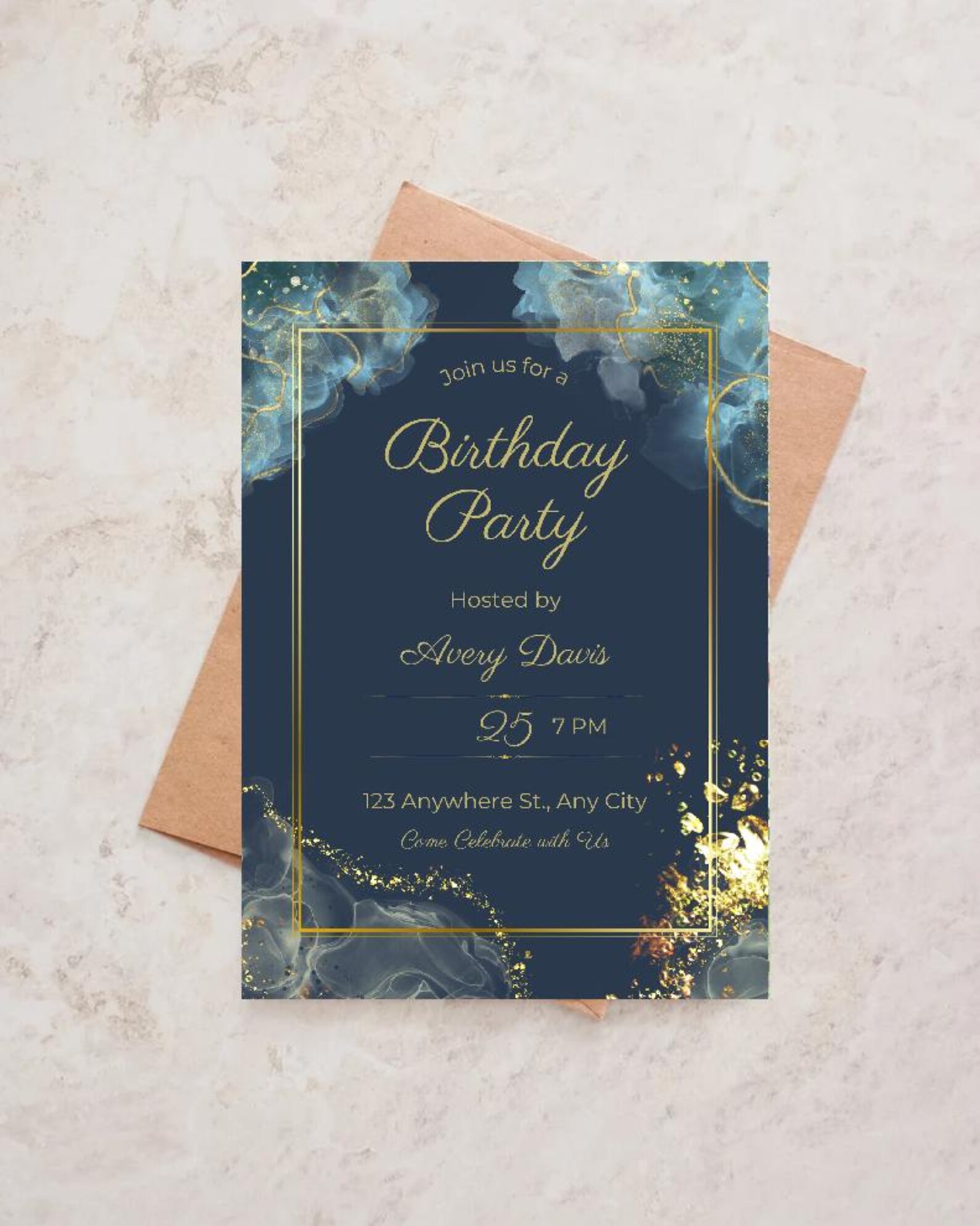 Golden Flowy, Watery Marble, Blue Birthday Invitation Template ...
