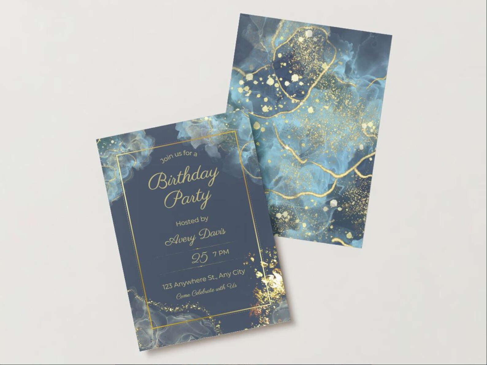 Golden Flowy, Watery Marble, Blue Birthday Invitation Template ...
