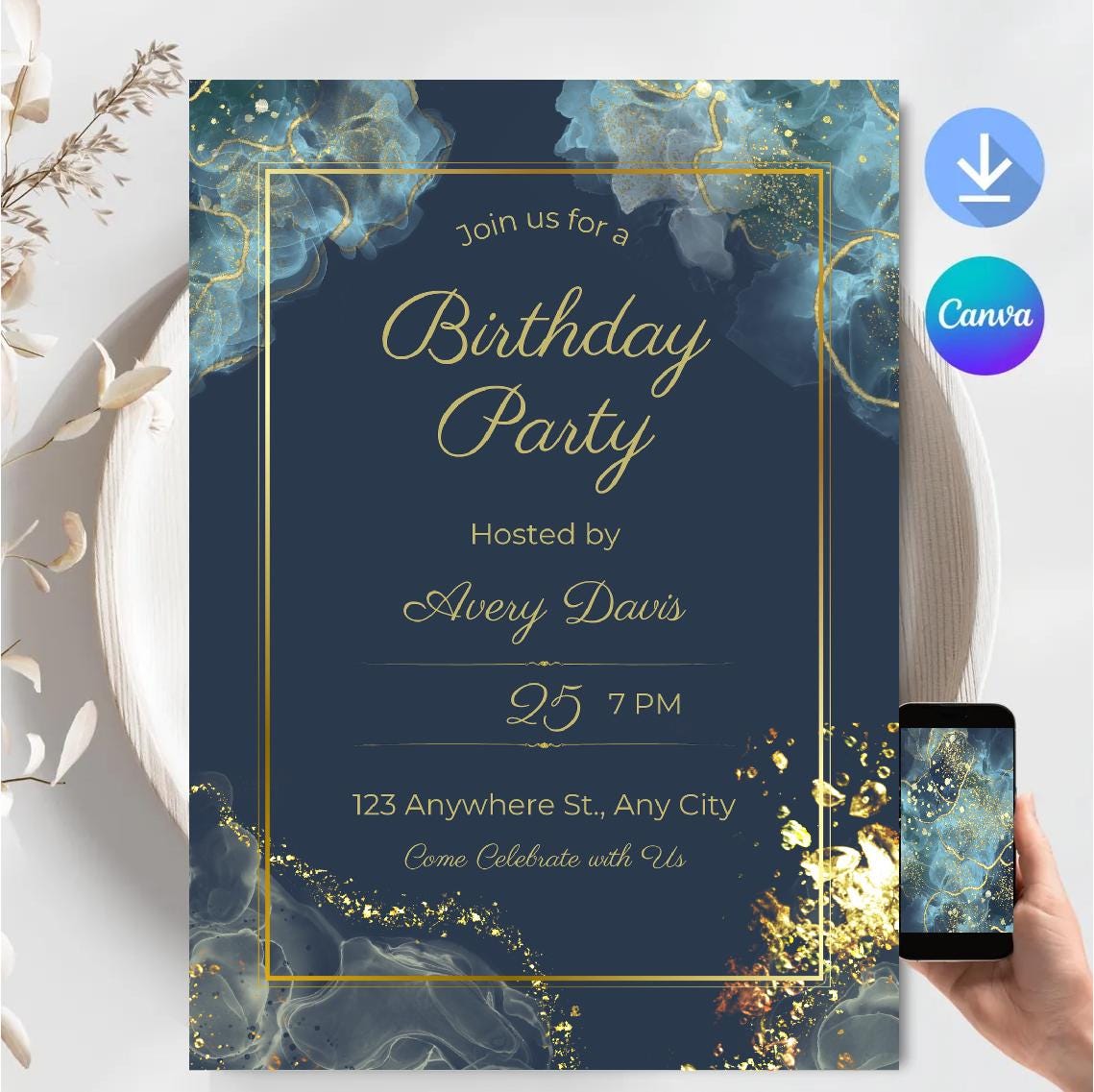 Golden Flowy, Watery Marble, Blue Birthday Invitation Template ...