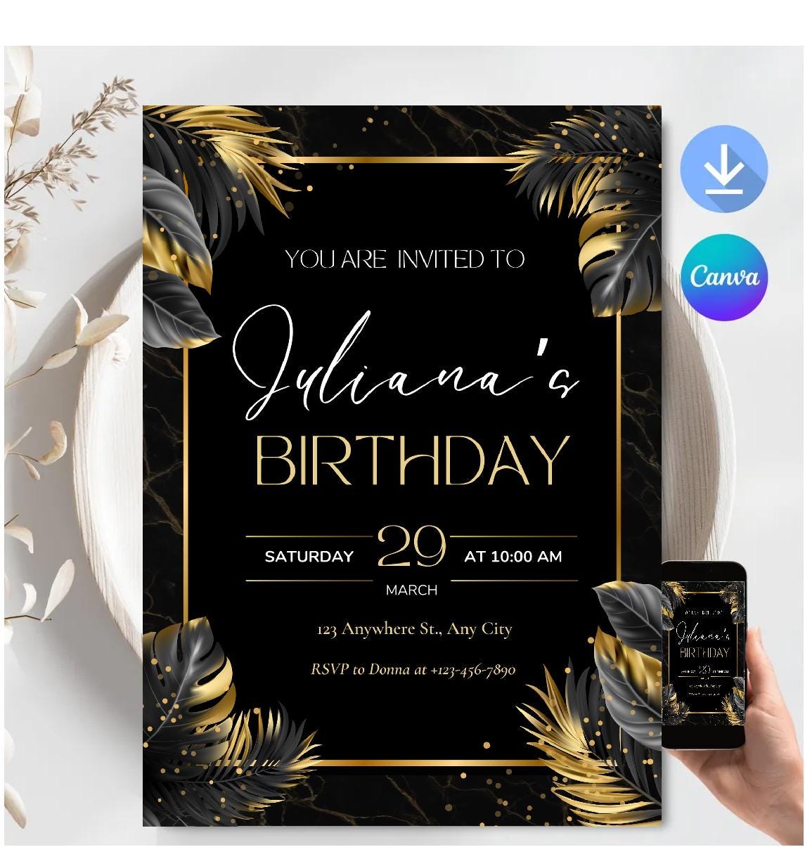 Spa Theme Golden Birthday Party Invitation, Floral Golden Spa Theme ...