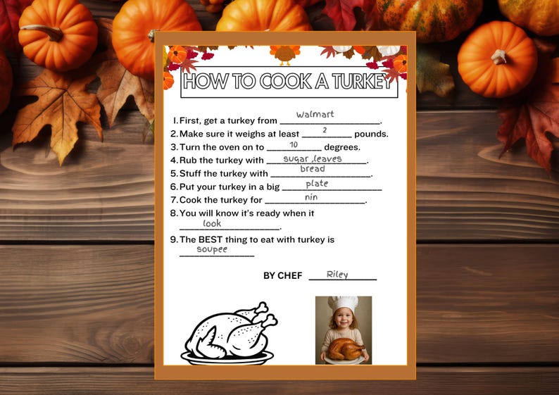 Thanksgiving Turkey Recipe Activity | Funny Fill-in-blank Worksheet ...