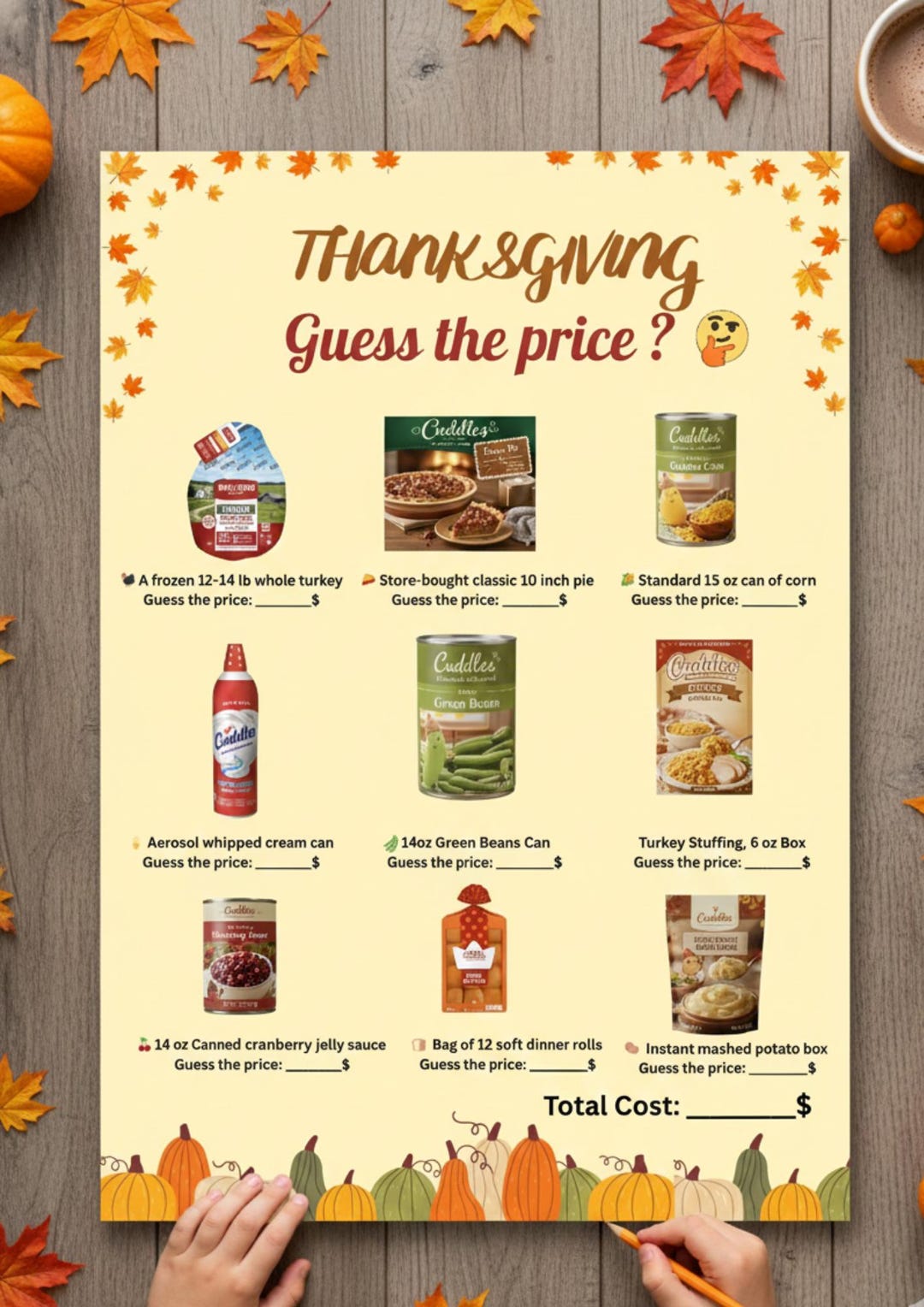 Thanksgiving Price Guessing Game, Printable Holiday Activity (PDF) - Etsy