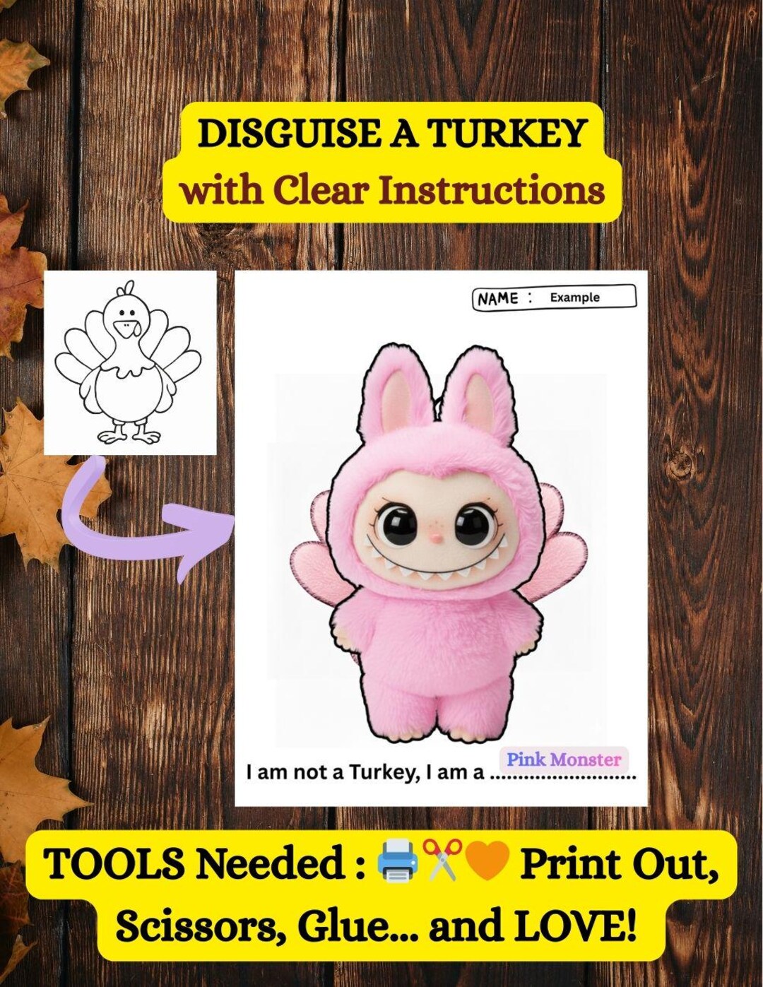 Labubu Turkey in Disguise Printable Craft, Cute Kawaii Monster Style ...