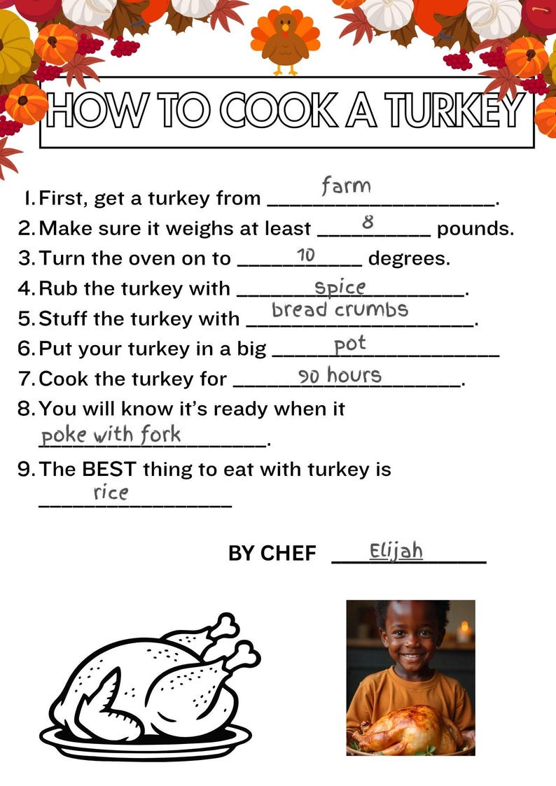 Thanksgiving Turkey Recipe Activity | Funny Fill-in-blank Worksheet ...