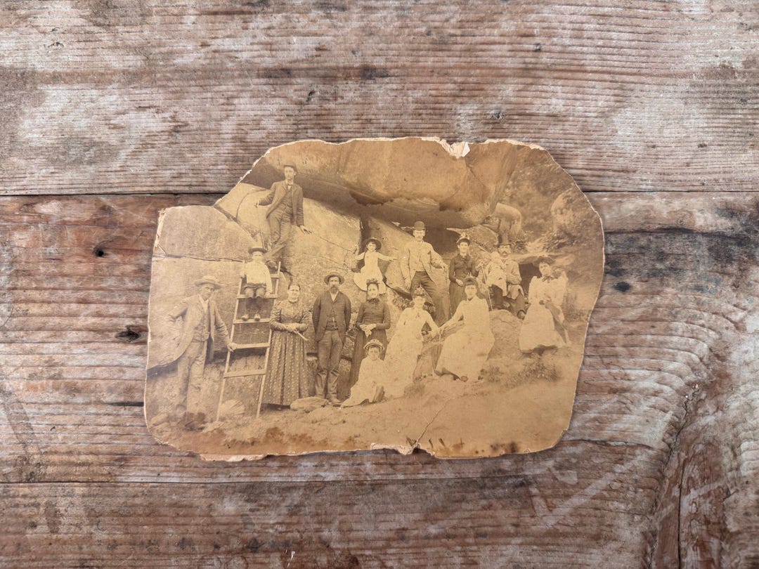 Antique Distressed Family Portrait Outdoors Sitting on Rock Ladder ...