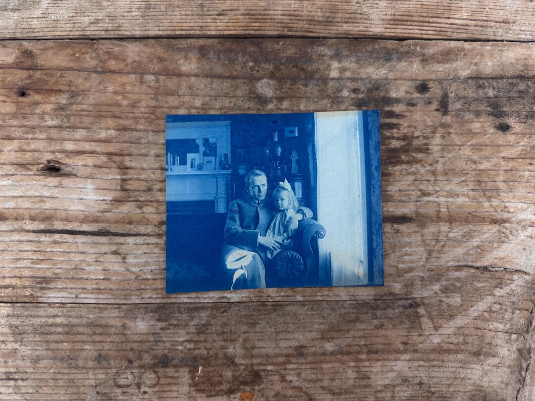 Man Seated With Girl Daughter Child 1895 Antique Cyanotype Old Blue ...