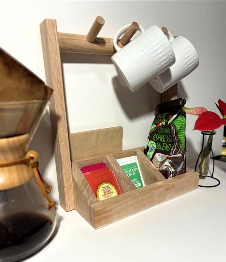 Handcrafted Oak Wood Tea Caddy and Mug Rack, Tea and K-cup Organizer ...