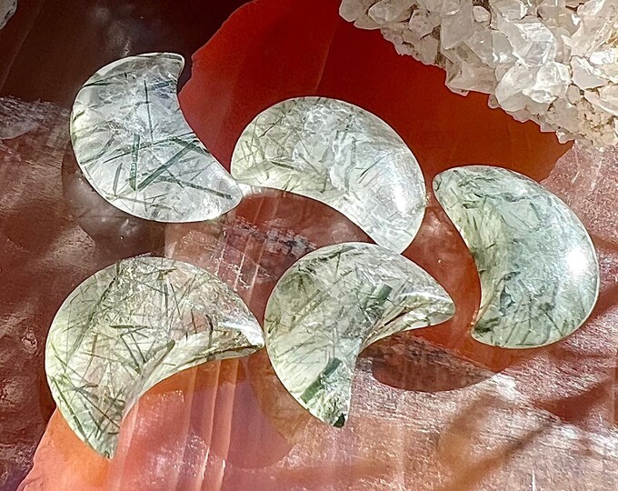 Green Rutile Quartz Mini Crescent Moon Crystals Rutilated Quartz Moon ...