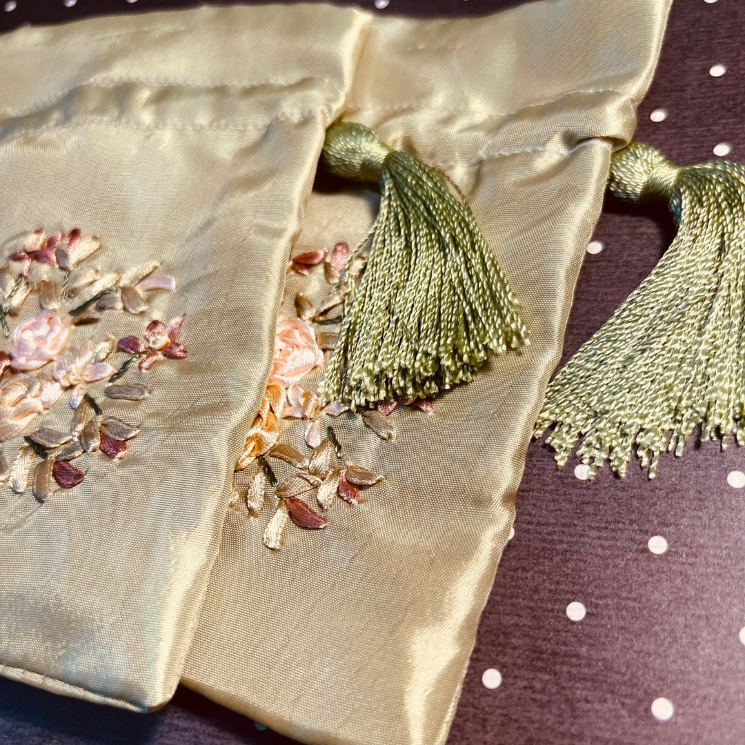One Light Green Embroidered Sachet Lime Green Silk Jewelry Pouch ...
