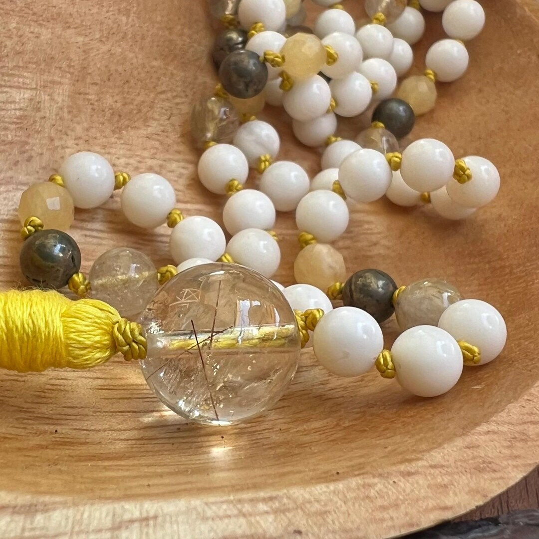 Tridacna Shell Mala With Rutilated Quartz and Pyrite for Courage and ...