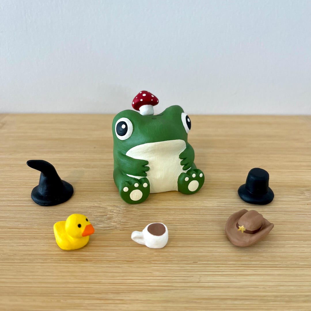 Chunky Froggy With Magnetic Hats Frog Clay Figure- Handmade Cozy Desk ...