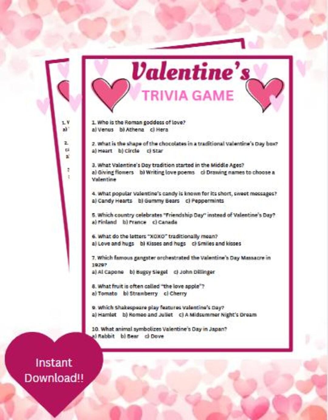 Valentine's Day Trivia Game, Printable Valentine's Day Games, Valentine ...