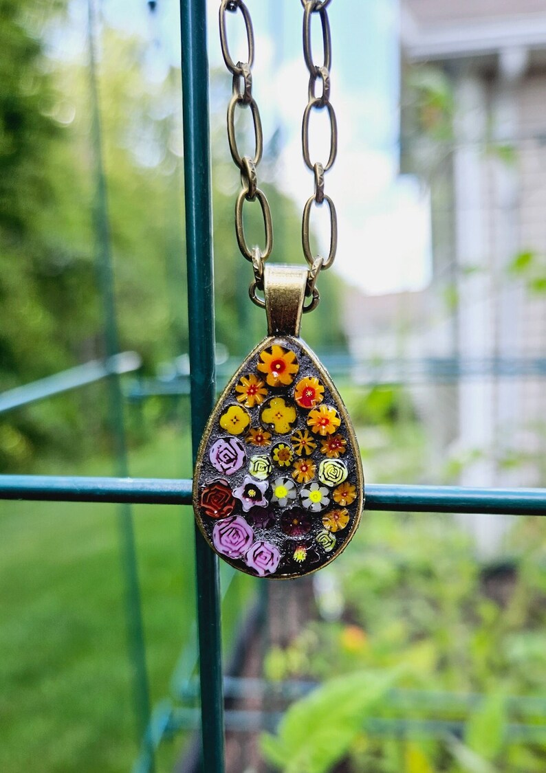 Floral Garden Teardrop Shaped Mosaic Pendant Necklace - Etsy