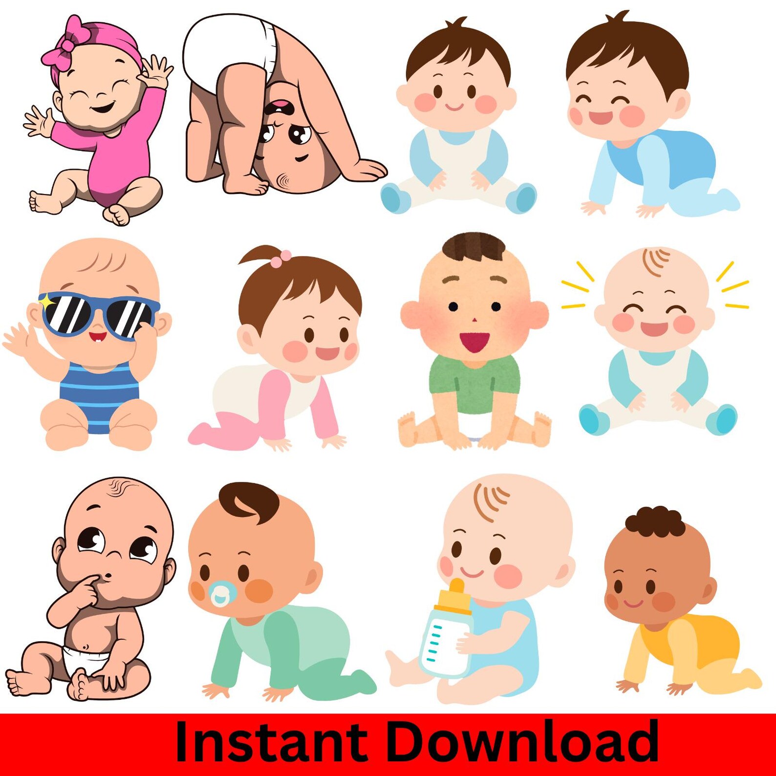 Cute Baby Clipart Bundle SVG PNG | Baby Boy Girl Cartoon Illustrations ...
