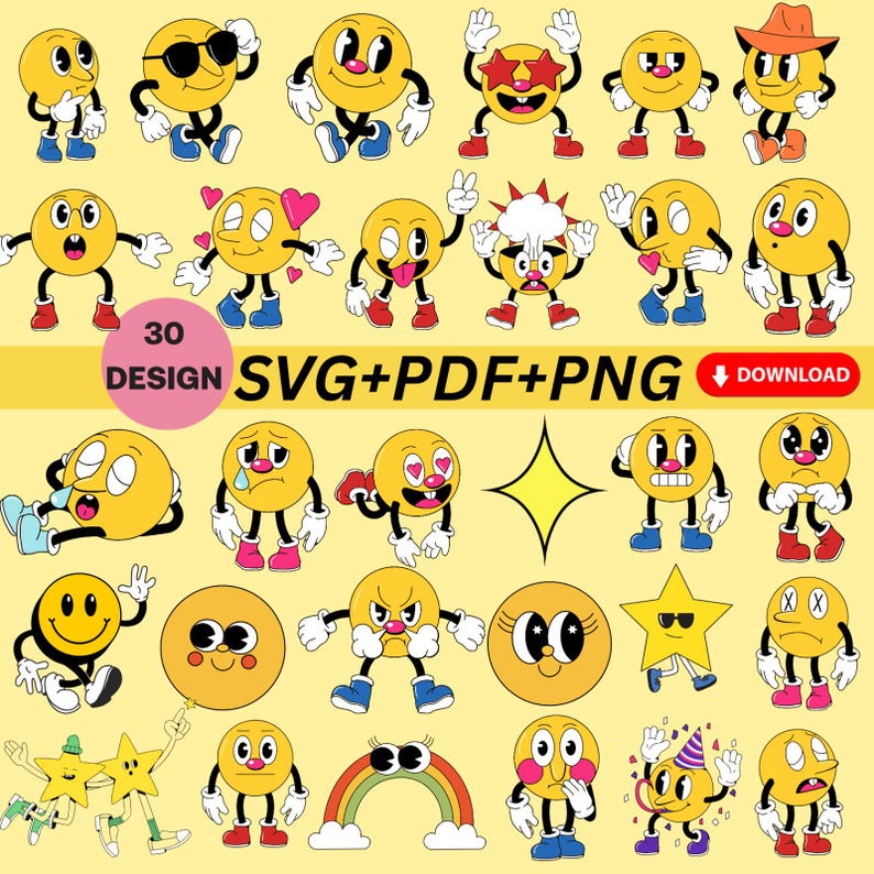 30 Piece Emoji Clipart Set, Adorable Cartoon Faces SVG for Tshirts ...