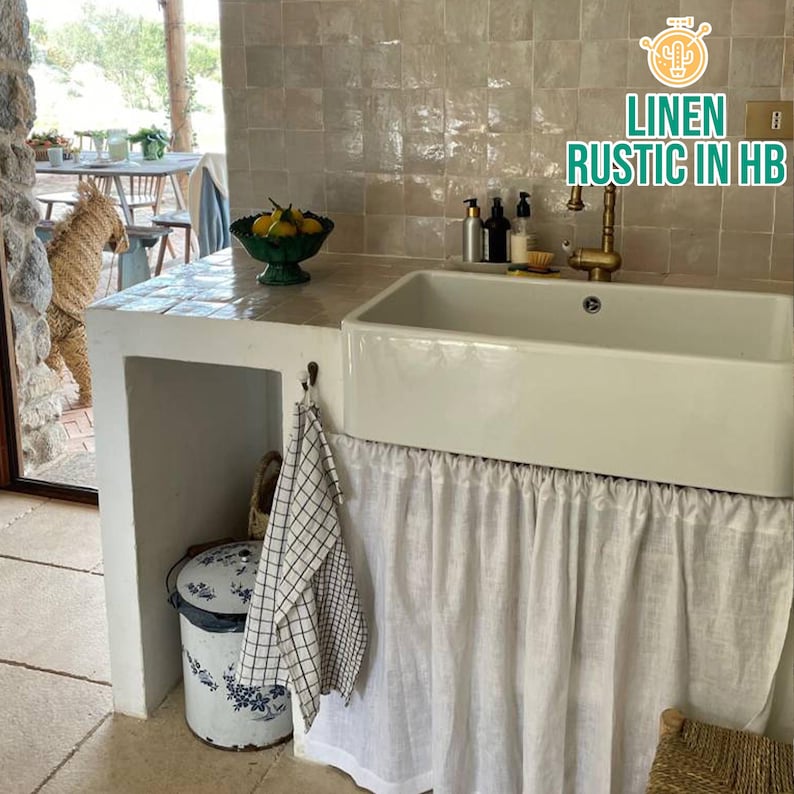 Linen Sink Curtains, Kitchen Cupboard, Sink Skirt, Cafe Linen Drapery ...