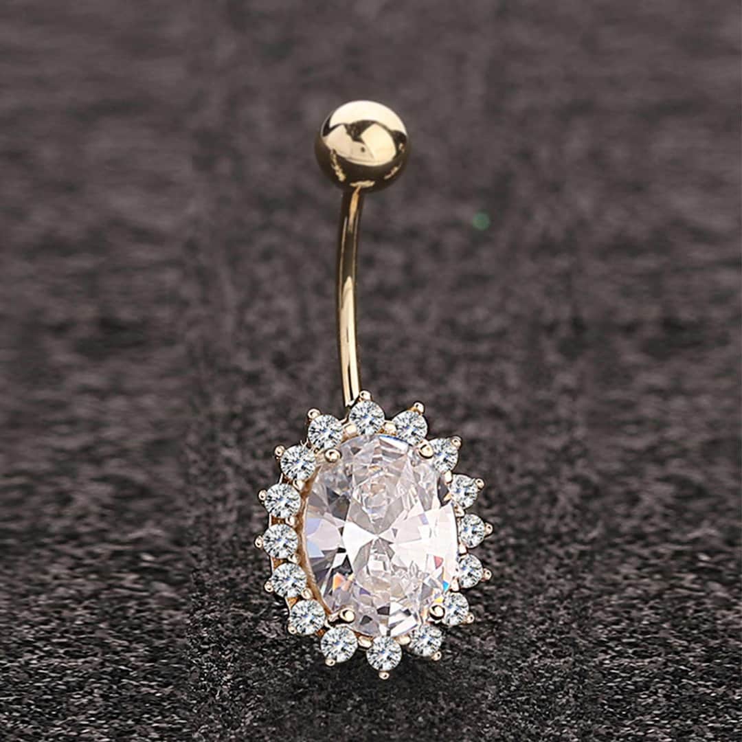 Gold Halo Belly Button Piercing With Oval Stone - Navel Piercing ...