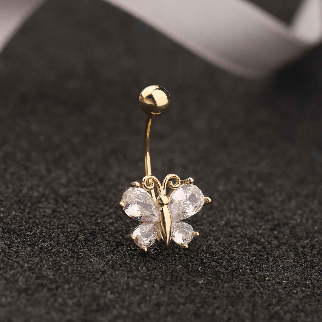 Butterfly Belly Ring: Dainty Gold With Pear Stone 14K Solid - Etsy