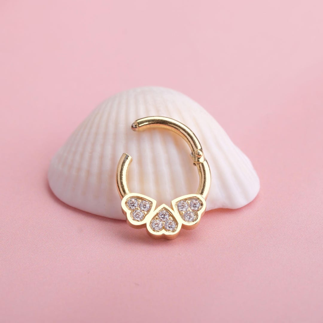 Gold Triple Heart Septum Ring: Dainty Cartilage Hoop - Etsy