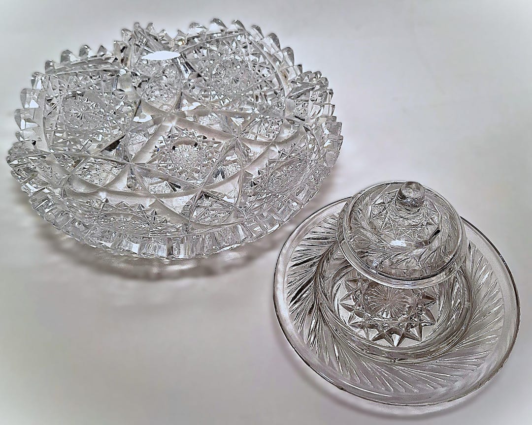 ABP American Brilliant Cut Glass Crystal Serving Bowl and Butter Dish ...